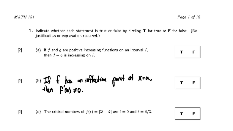 MATH 151 Final Exam Review: True/False & Limit Problems - Studocu