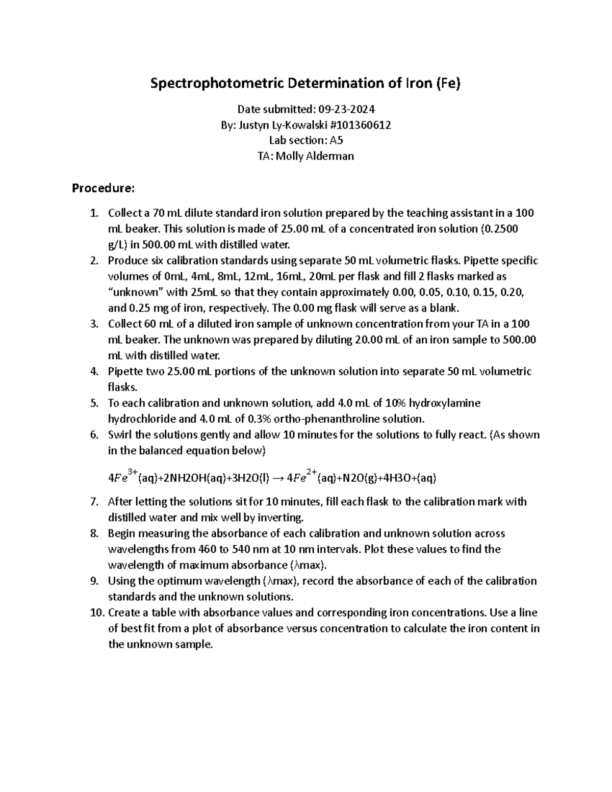 CHEM1001 - Lab 2: Spectrophotometric Analysis of Iron (Fe) - Studocu