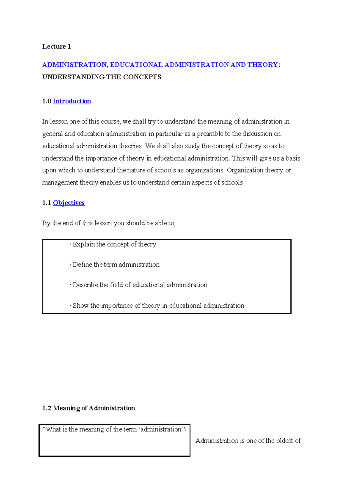 Lecture 1: Understanding Administration & Theory in Education - Studocu