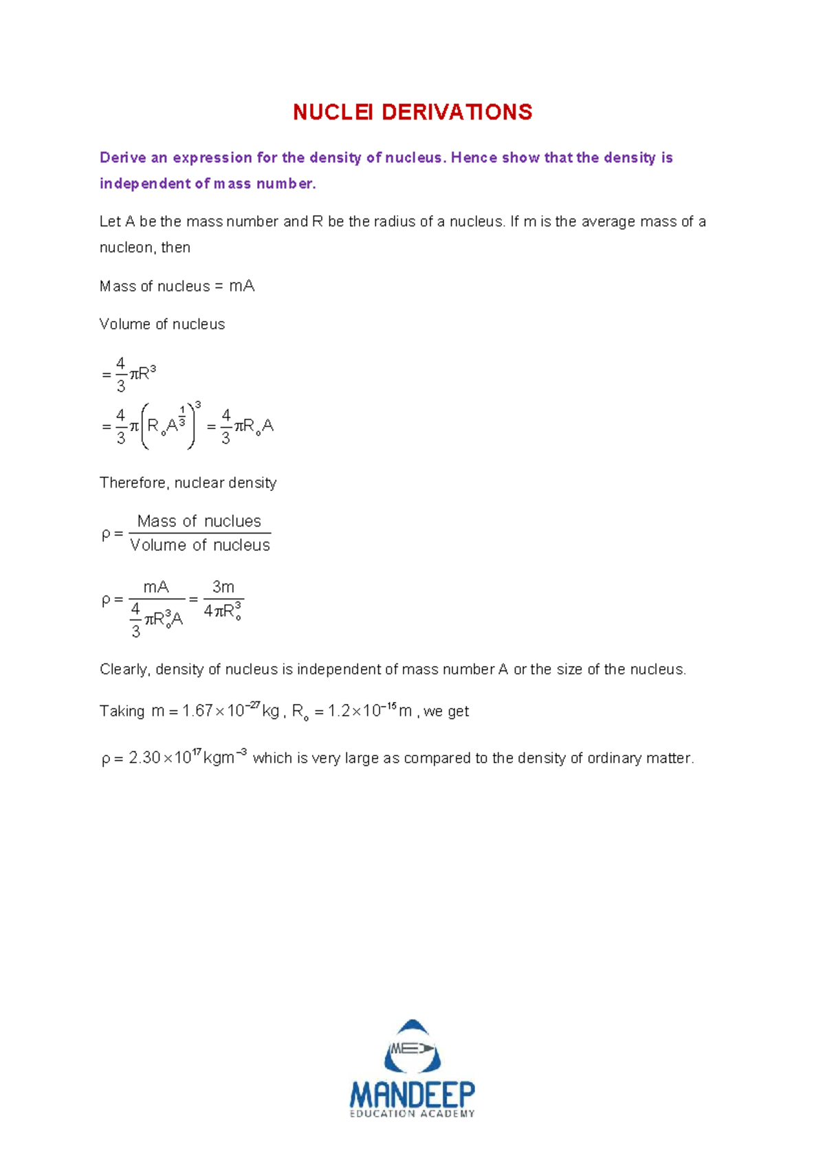 Nuclei Derivations: Density Expression & Mass Number Independence - Studocu