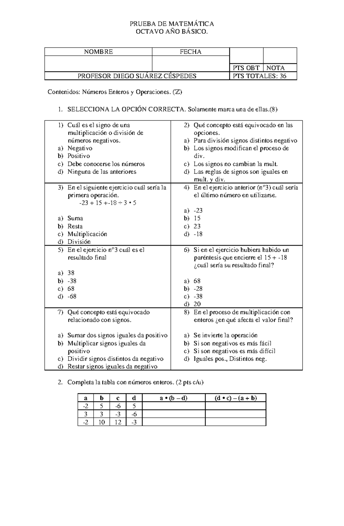 Prueba Formativa octavo Operaciones combinadas Z 2020 - PRUEBA DE MATEMÁTICA OCTAVO AÑO BÁSICO ...