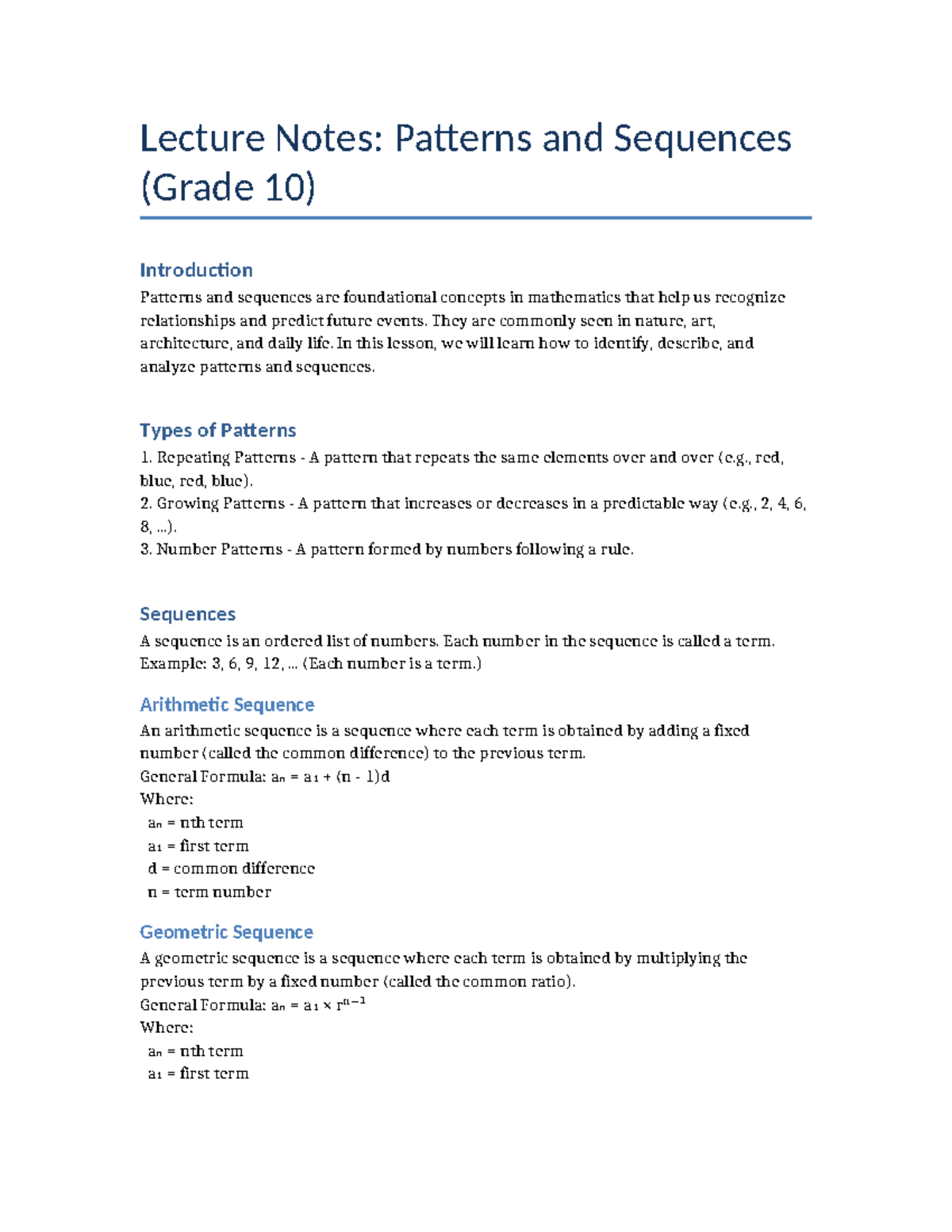 Grade 10 Lecture Notes: Understanding Patterns and Sequences - Studocu