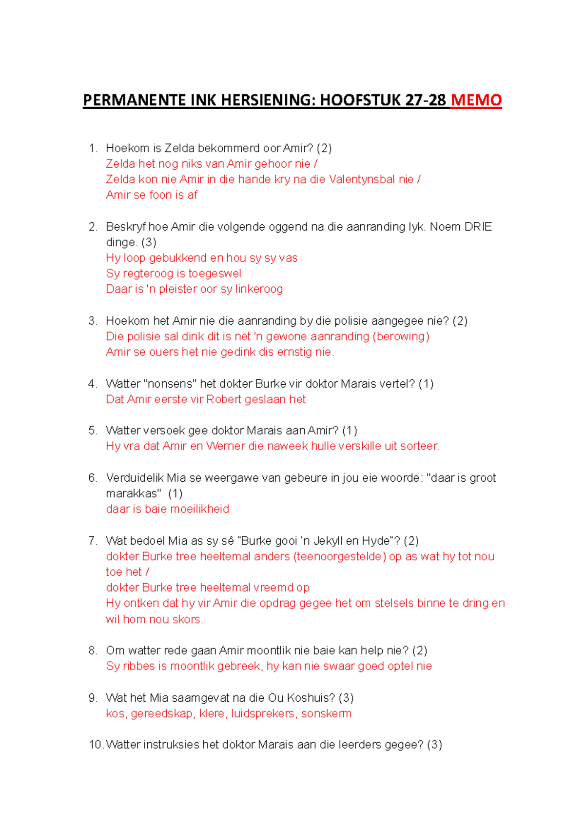 Permanente INK HOOFSTUK 27-28 MEMO: Antwoorde en Beskrywings - Studocu