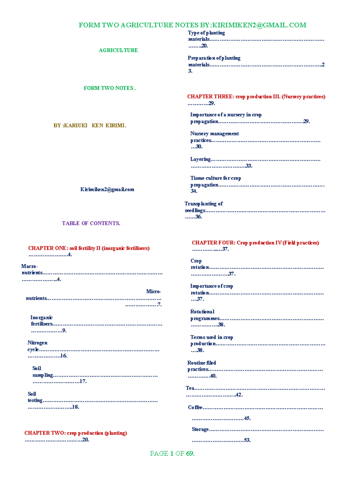 FORM TWO AGRICULTURE NOTES: CROP PRODUCTION & NURSERY PRACTICES - Studocu