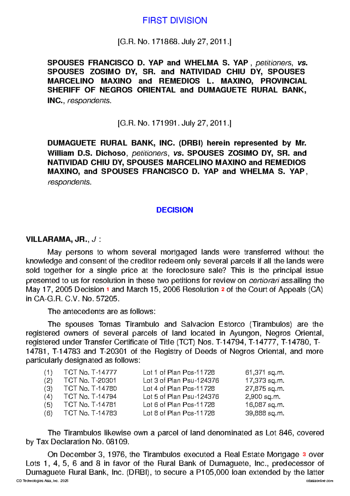 Case Study on Foreclosure and Redemption Rights: G.R. No. 171868 ...