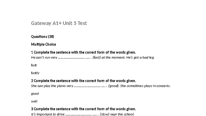 Gateway A1+ Unit 5 Test Questions - ESL Multiple Choice - Studocu