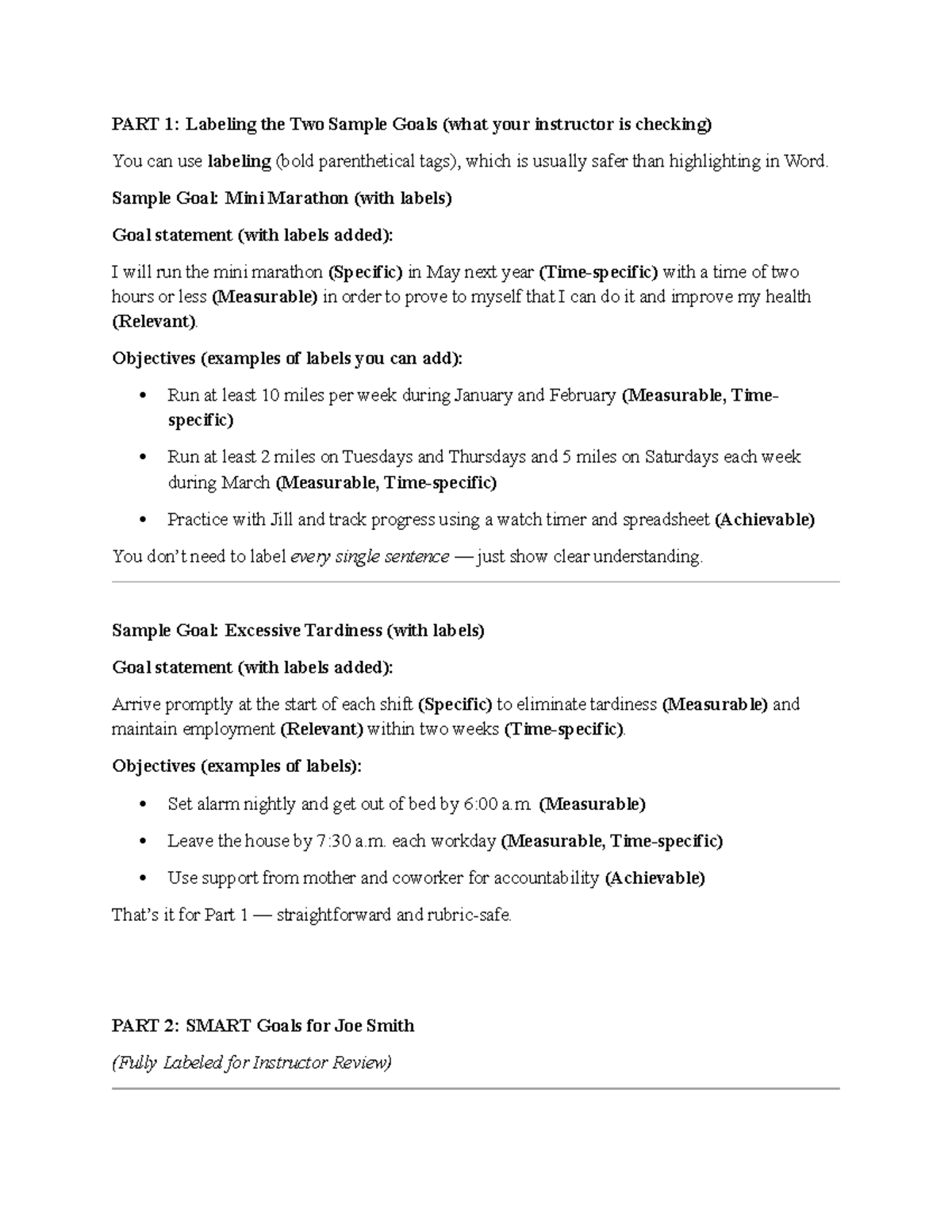 HSE-350: SMART Goals for Joe Smith - Labeled Objectives and Plans - Studocu