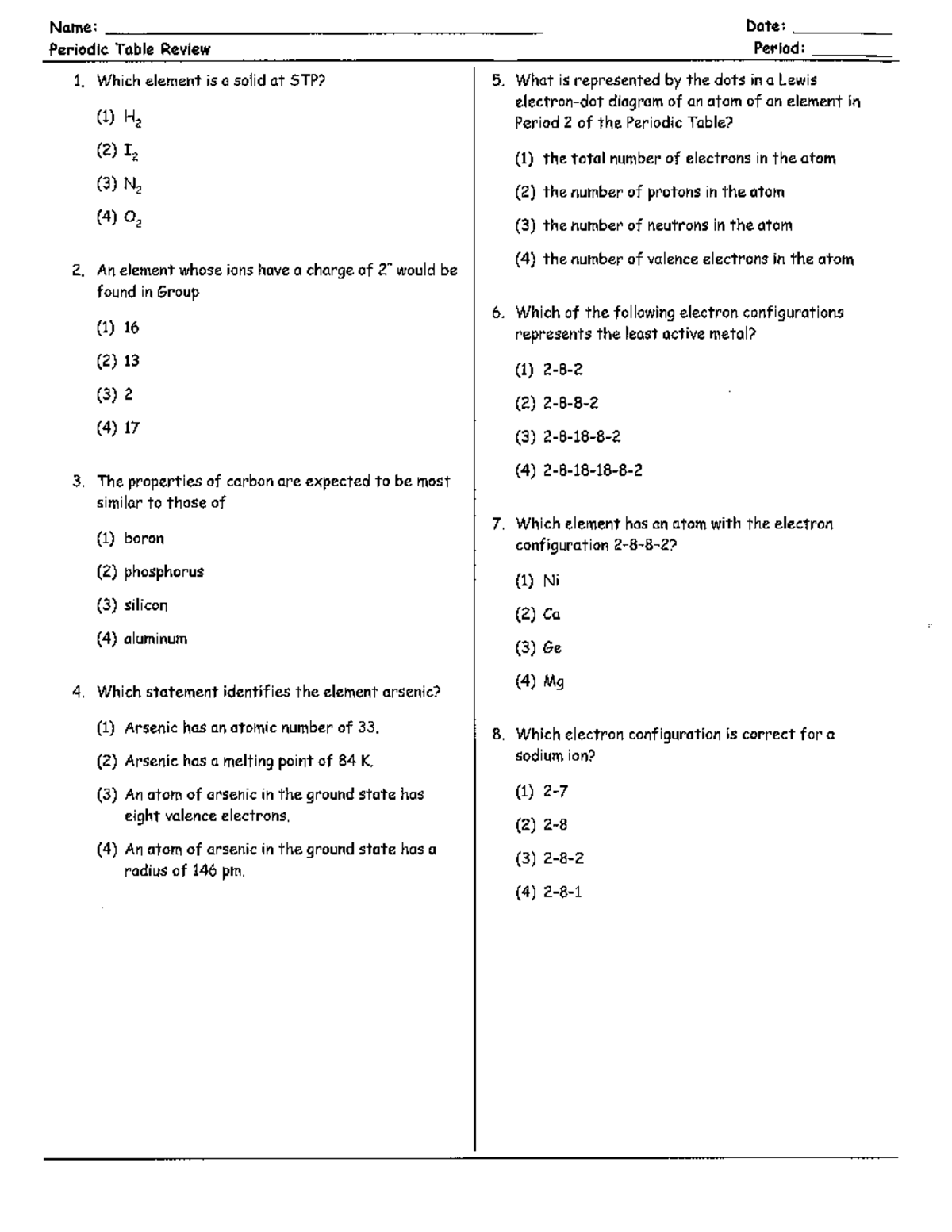 Chem Midterm 2025 - Name: Date: Periodic Table Review Period: 1. Which ...
