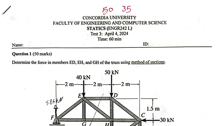 ENGR 242 Statics Test 3 - April 4, 2024 Analysis of Truss Forces - Studocu