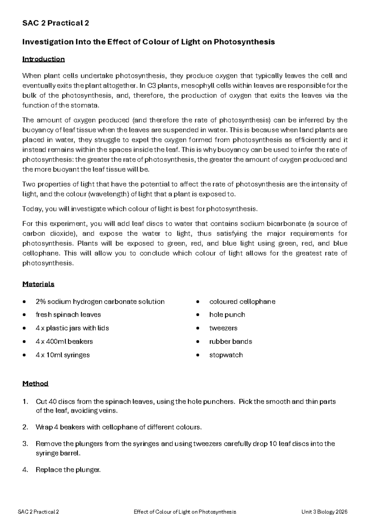 2026 SAC 2 Practical 2 Investigation of Light Colour on Photosynthesis ...