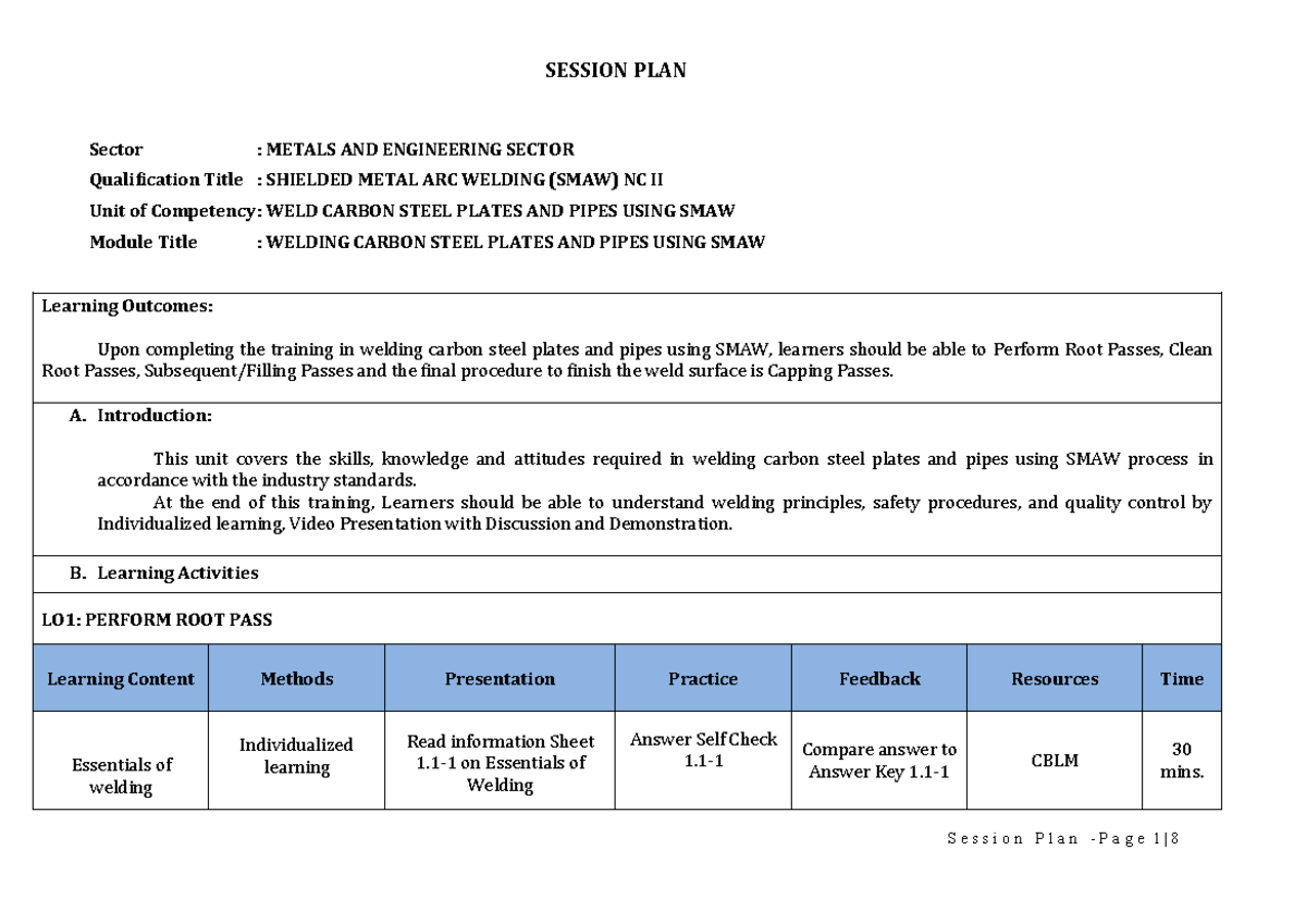 PTS-7: Session Plan for Shielded Metal Arc Welding (SMAW) NC II - Studocu