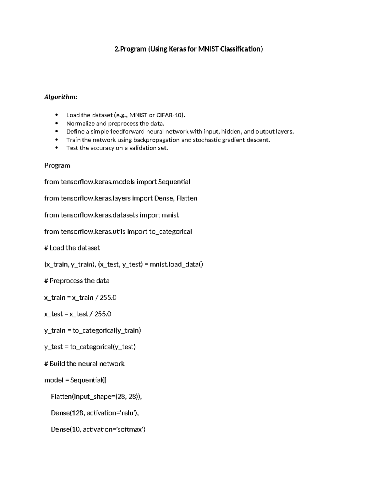 Ex2 - Keras MNIST Classification Program Guide - Studocu