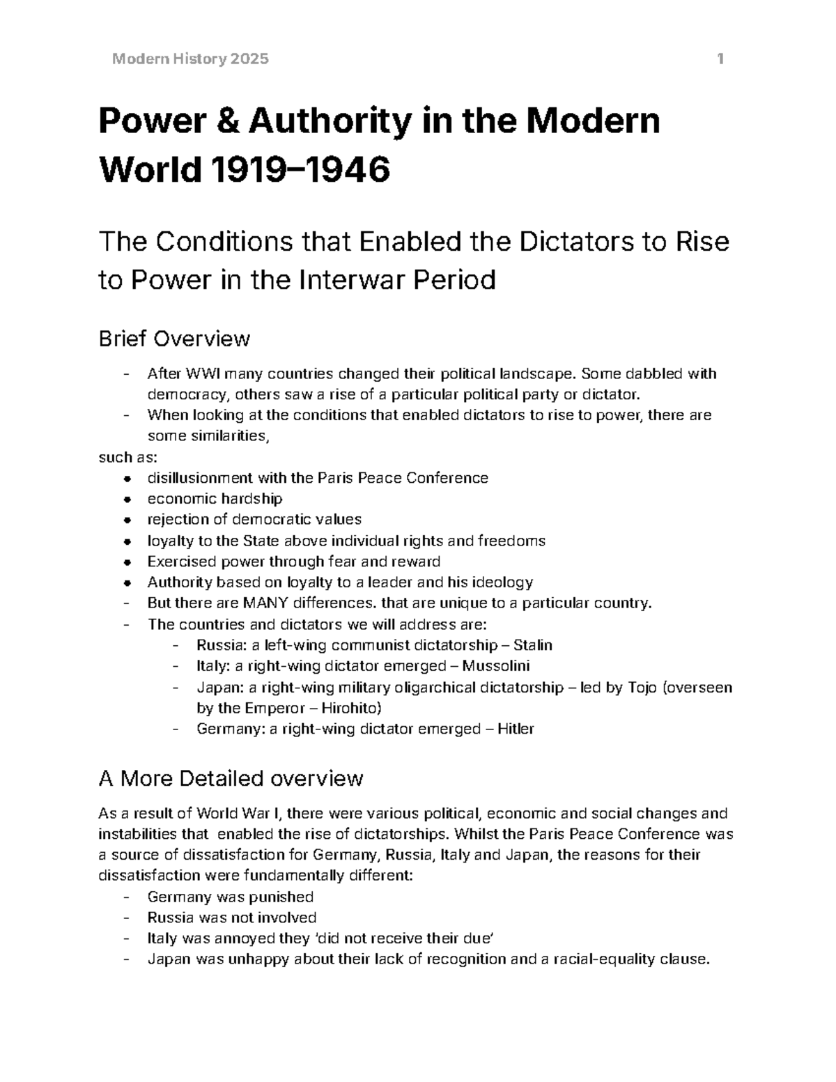Modern History 2025: The Rise of Dictators in the Interwar Period - Studocu