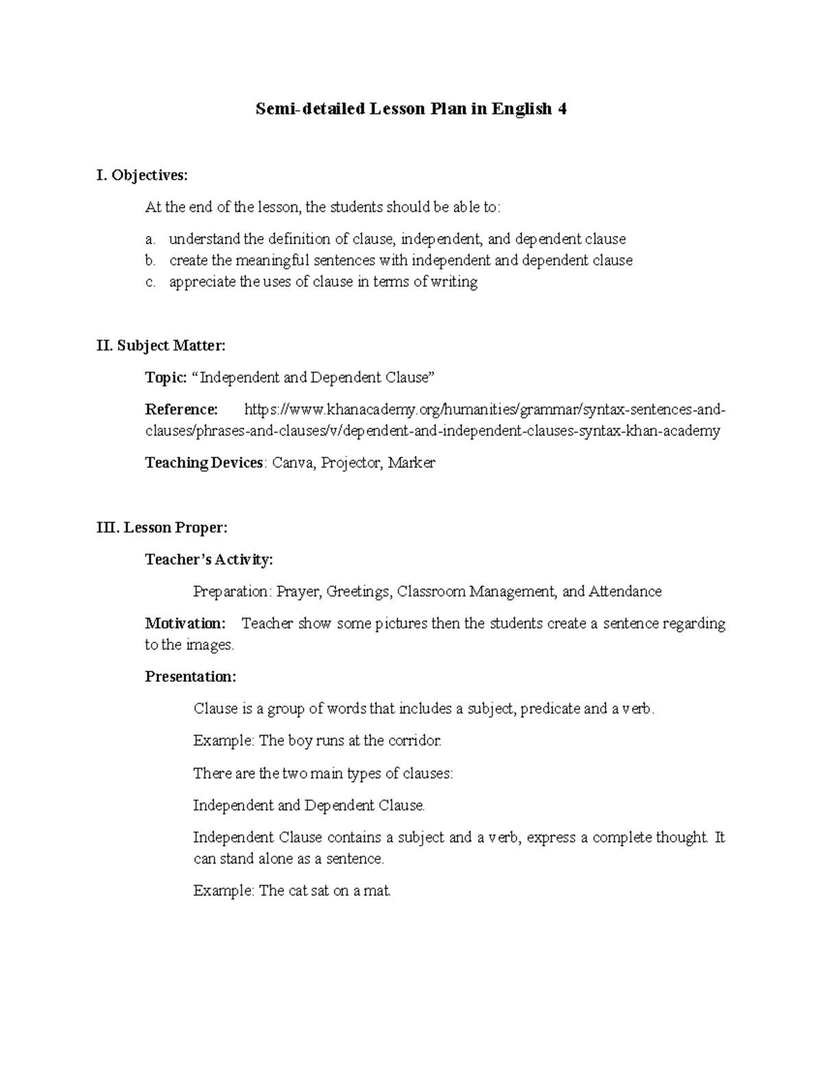 English 4 Lesson Plan: Understanding Independent & Dependent Clauses ...