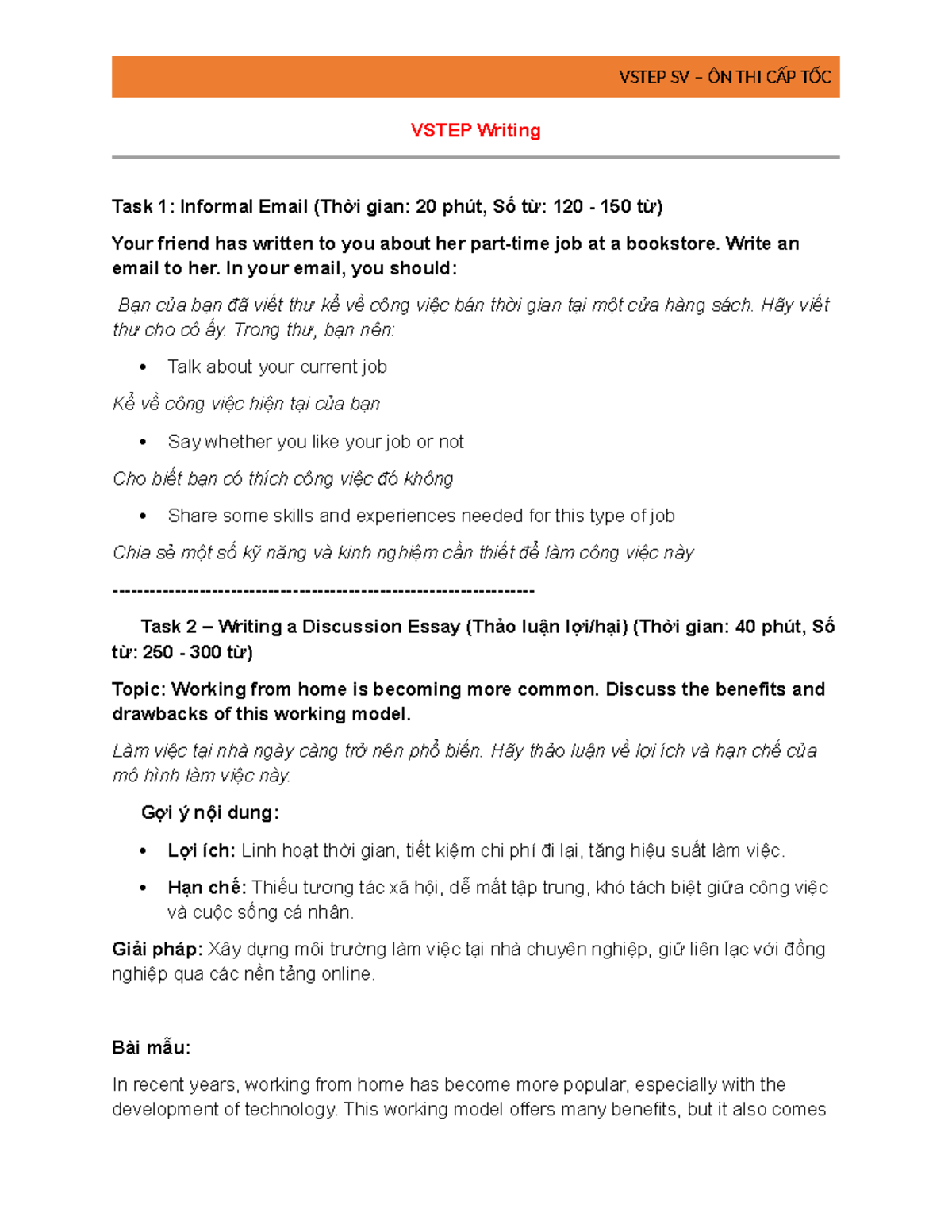 VSTEP writing task: Informal email and discussion essay on remote work ...