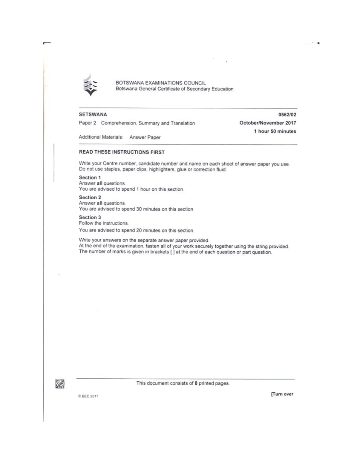 Setswana 0562/02 Paper 2: Comprehension, Summary & Translation Exam ...