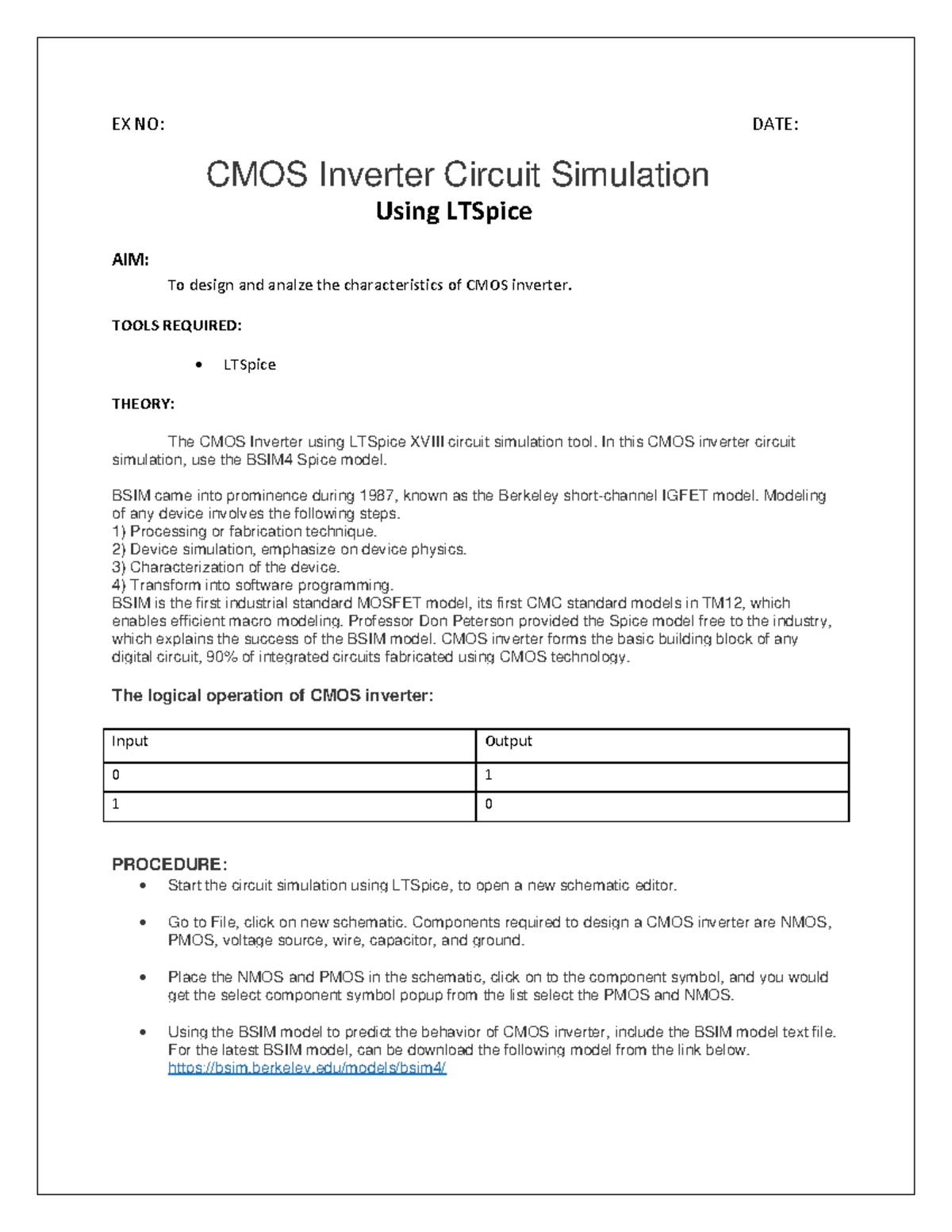 CMOS Inverter Circuit Simulation - Lab Manual (EE201) - Studocu