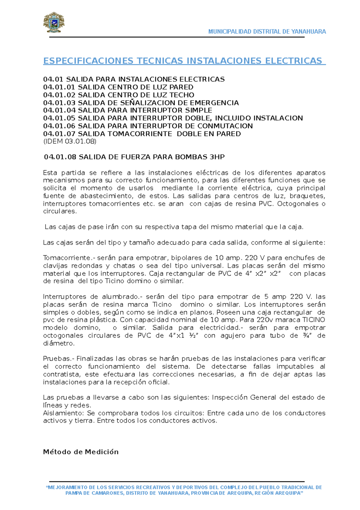 4.- Especificaciones Tecnicas Electricas - ESPECIFICACIONES TECNICAS INSTALACIONES ELECTRICAS 04 ...