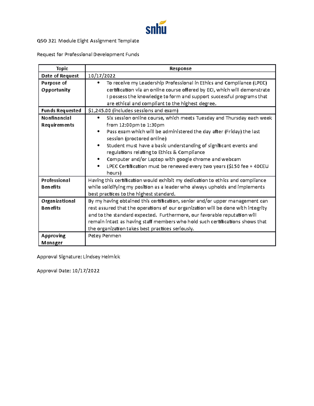 QSO-321 - Module Eight Assignment - Funds Requested $1,245 (includes ...
