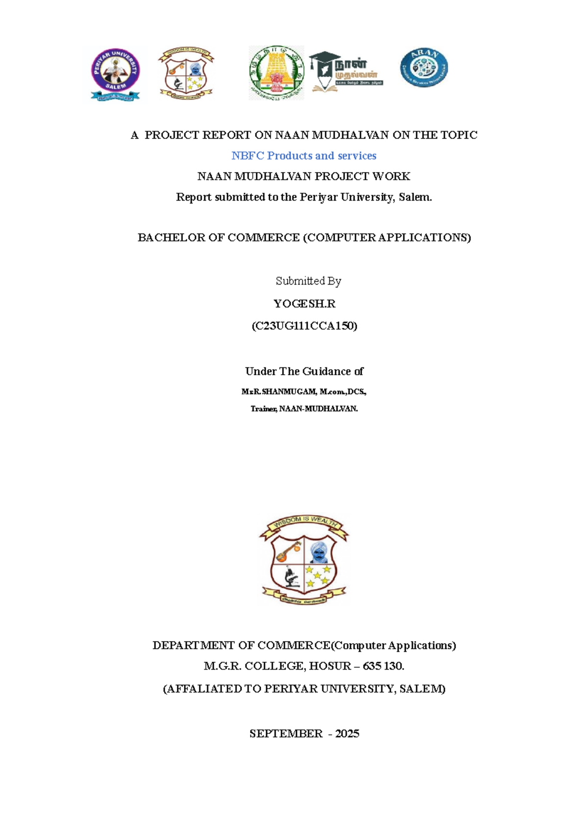 NAAN MUDHALVAN PROJECT REPORT ON NBFC Products & Services - Studocu