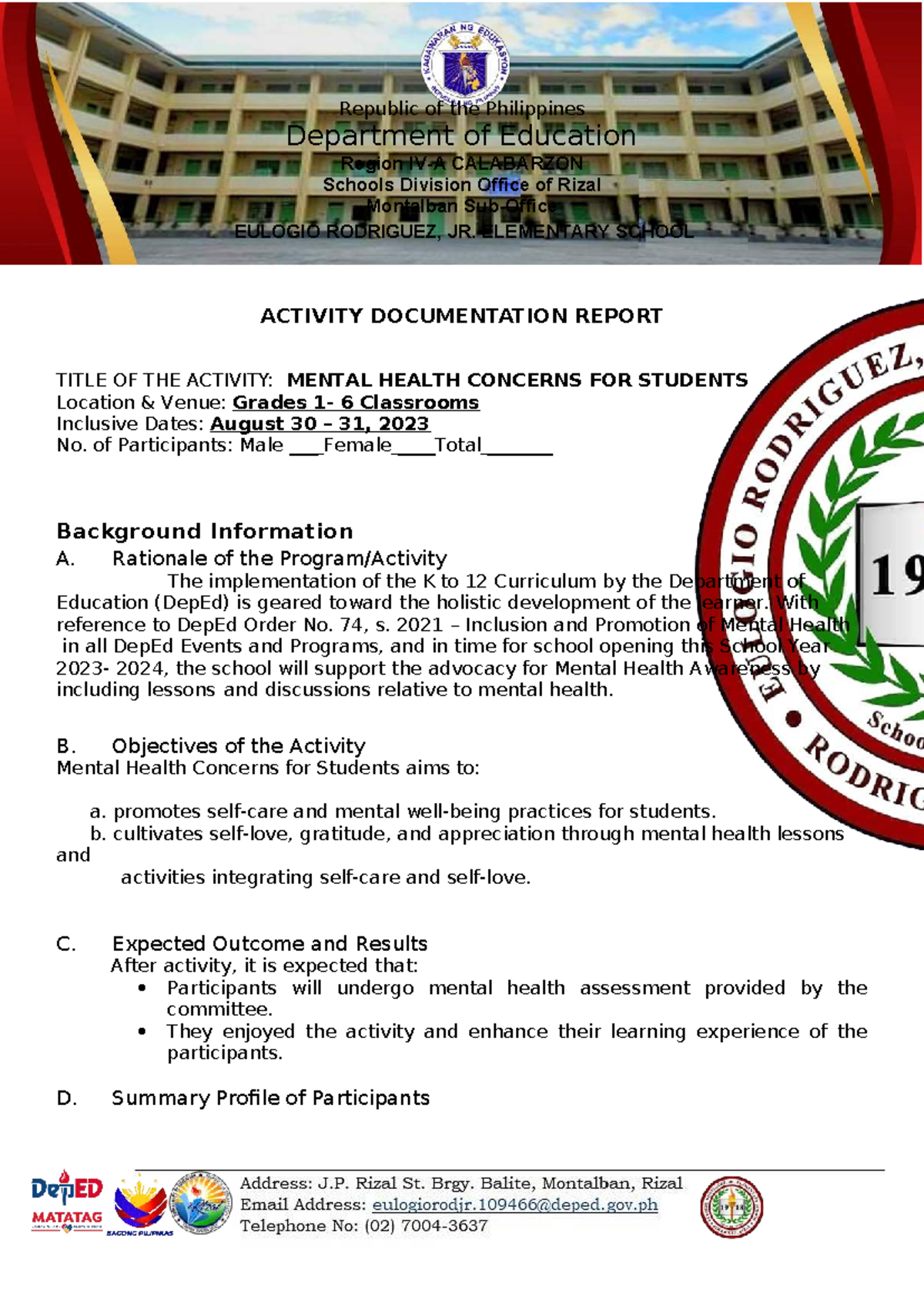 Mental Health Concerns Activity Report 2023-2024 - Eulogio Rodriguez Jr. - Studocu