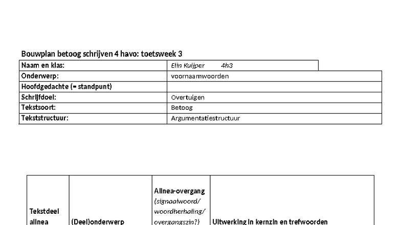 4H Betoog Bouwplan: Toetsweek 3 - Argumentatie en Structuur - Studeersnel