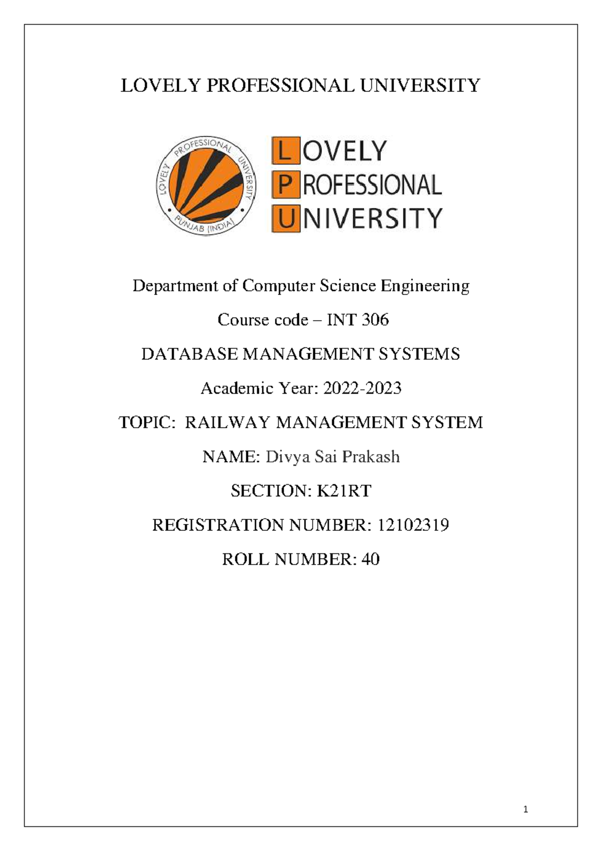 INT 306 DBMS Project: Railway Management System Overview and Design ...