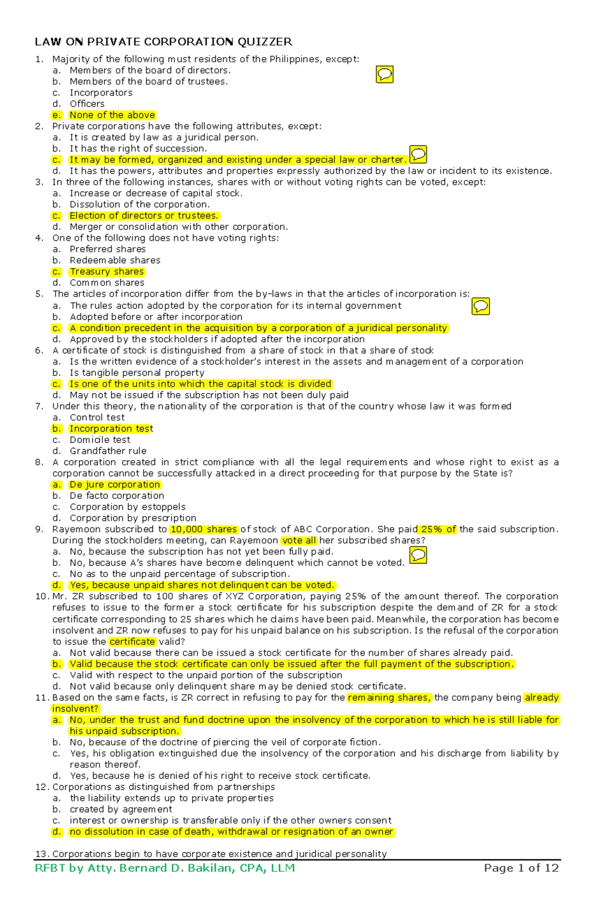 Law On Corporation Quizzer Law On Private Corporation Quizzer 1