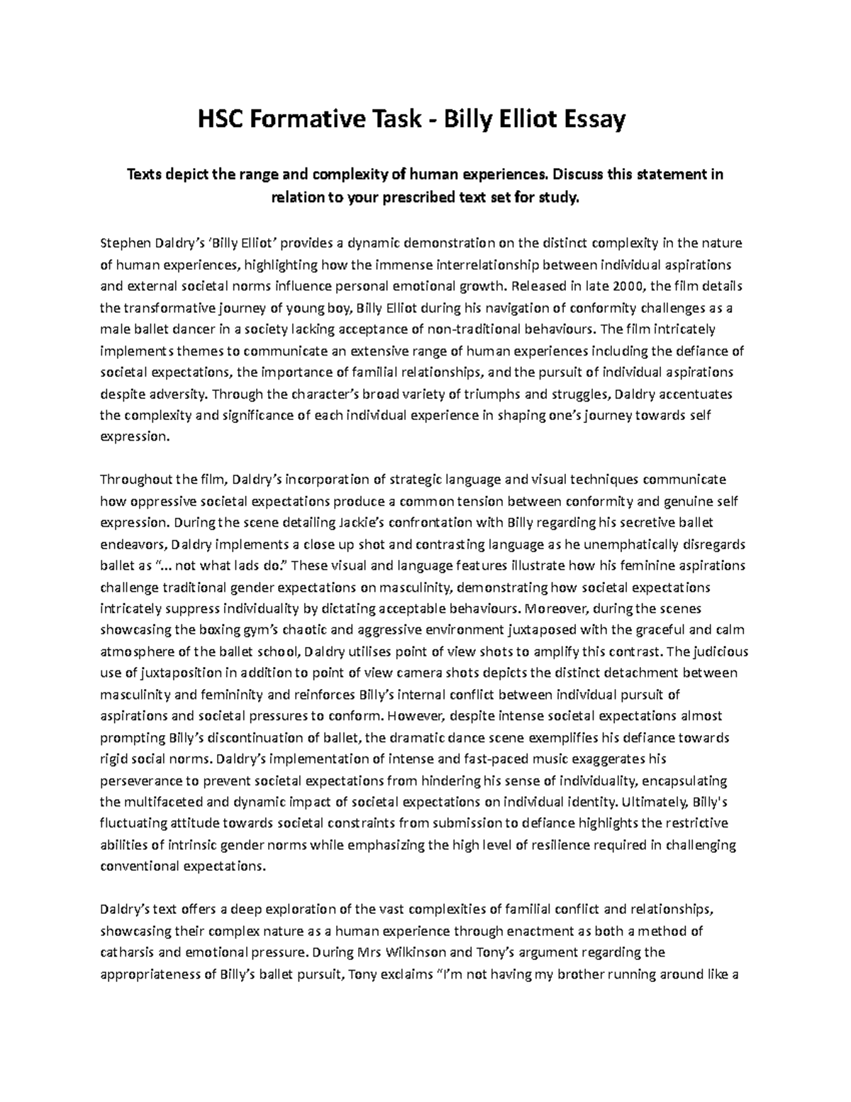 HSC Formative Task: Exploring Human Experience in Billy Elliot Essay ...
