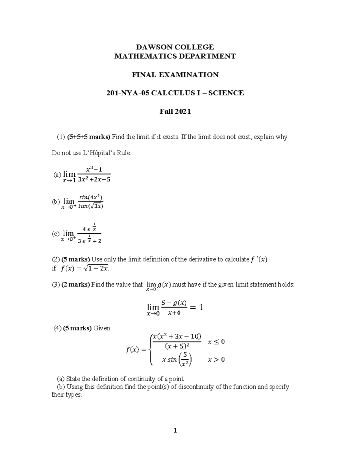 Final Exam Fall 2021: Calculus I - 201-NYA-05 Overview and Solutions ...