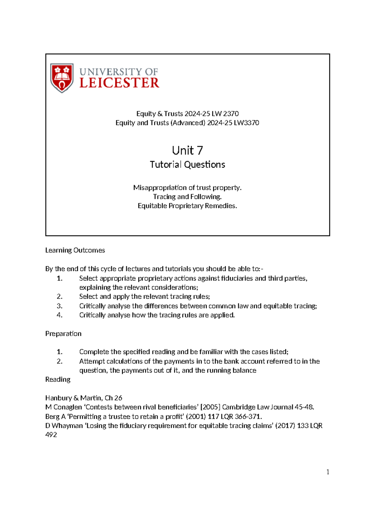 Tutorial 7 2024-25 Tracing - Equity & Trusts 2024-25 LW 2370 Equity and Trusts (Advanced) - Studocu