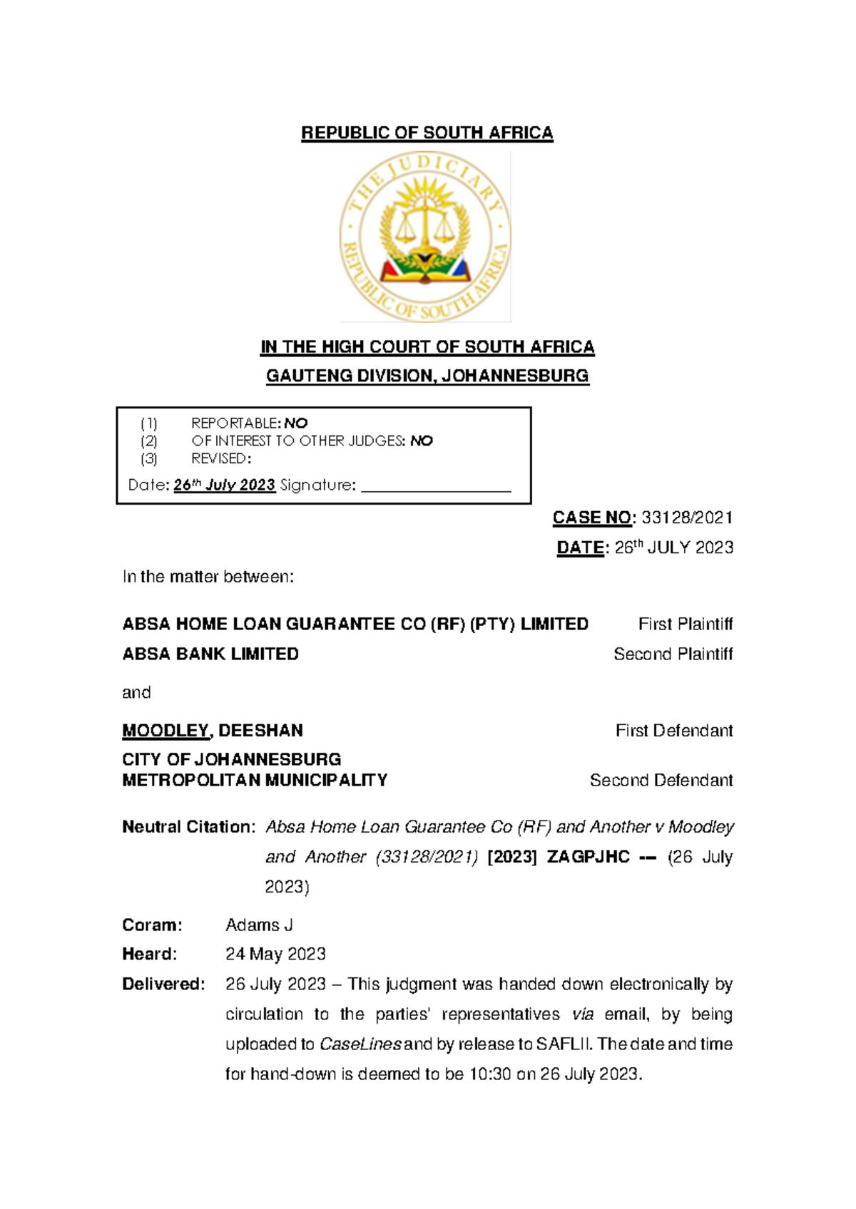 Case Study: Absa Home Loan Guarantee Co v Moodley (Case No: 33128/2021 ...