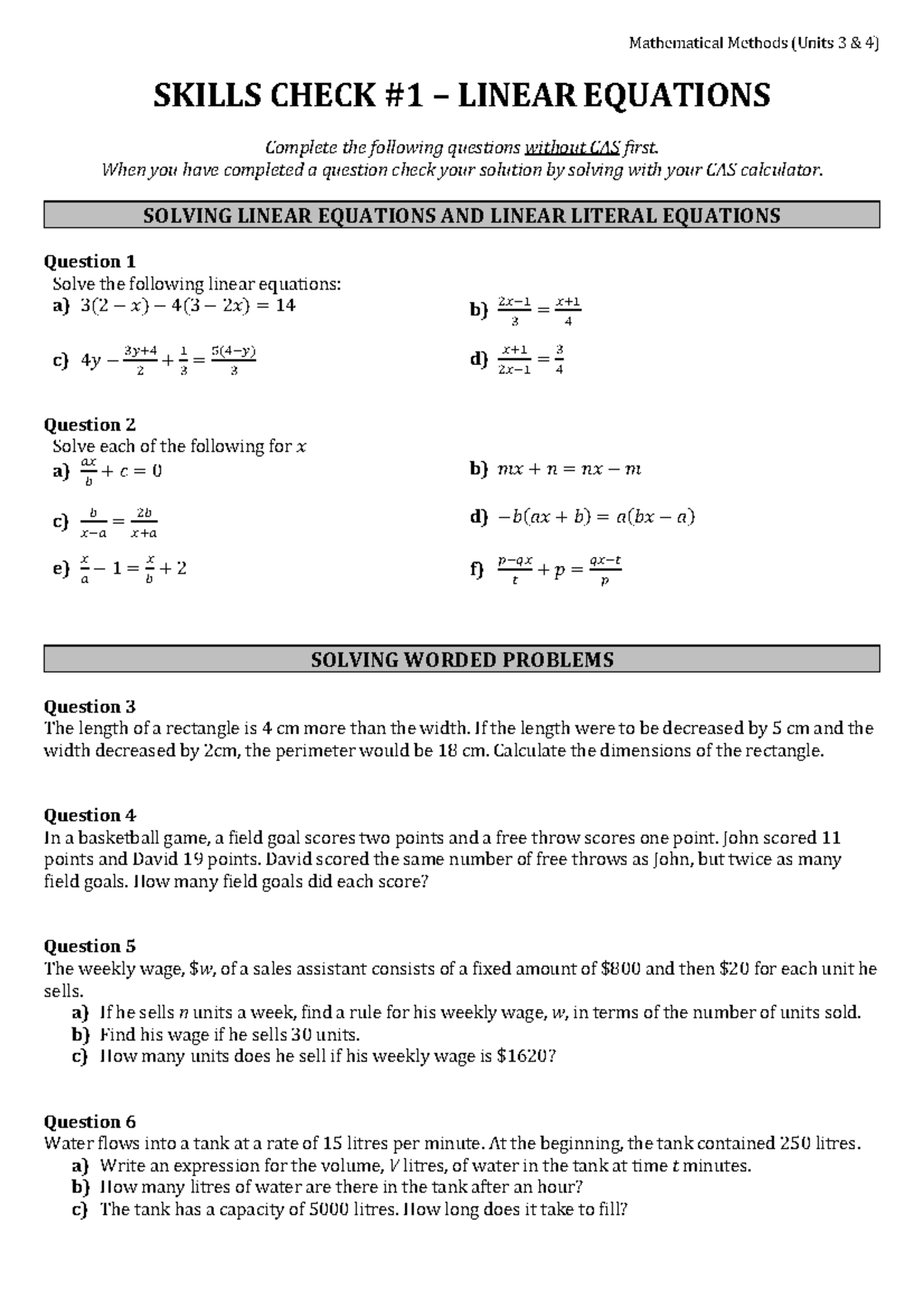 Mathematical Methods (Units 3 4) Skills Check: Linear Equations - Studocu