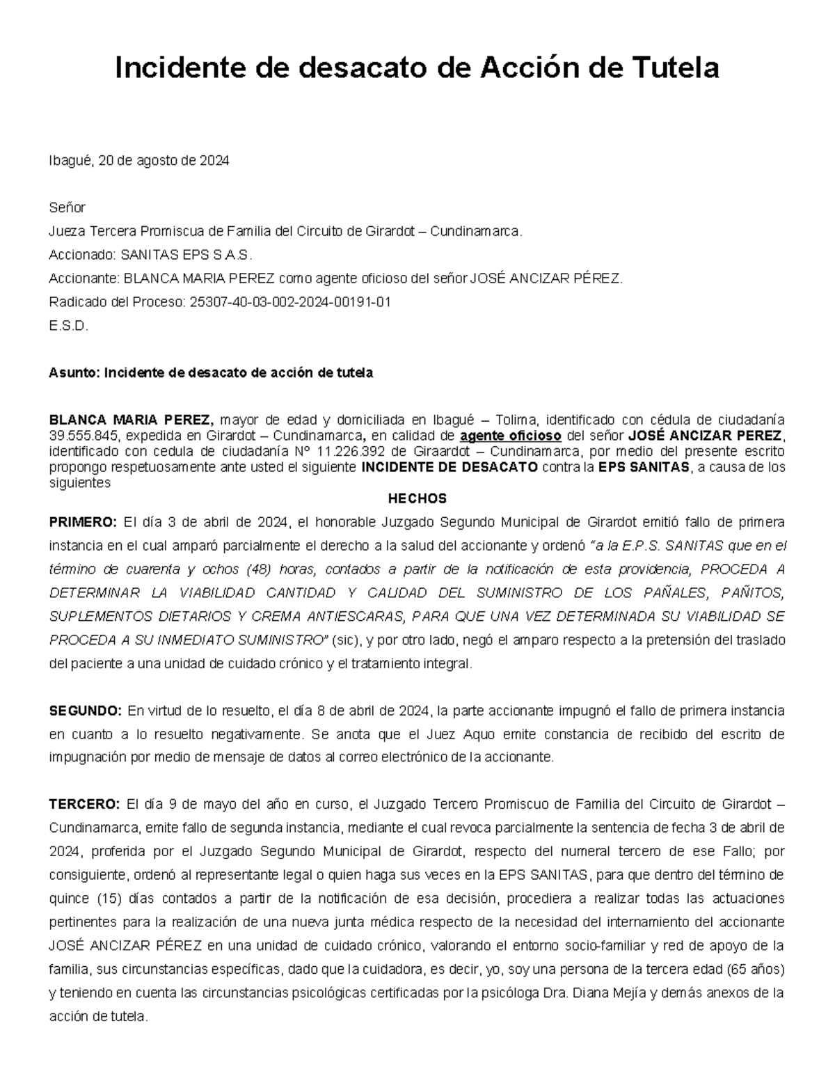 Incidente de Desacato en Acción de Tutela: Caso José Ancizar Pérez ...