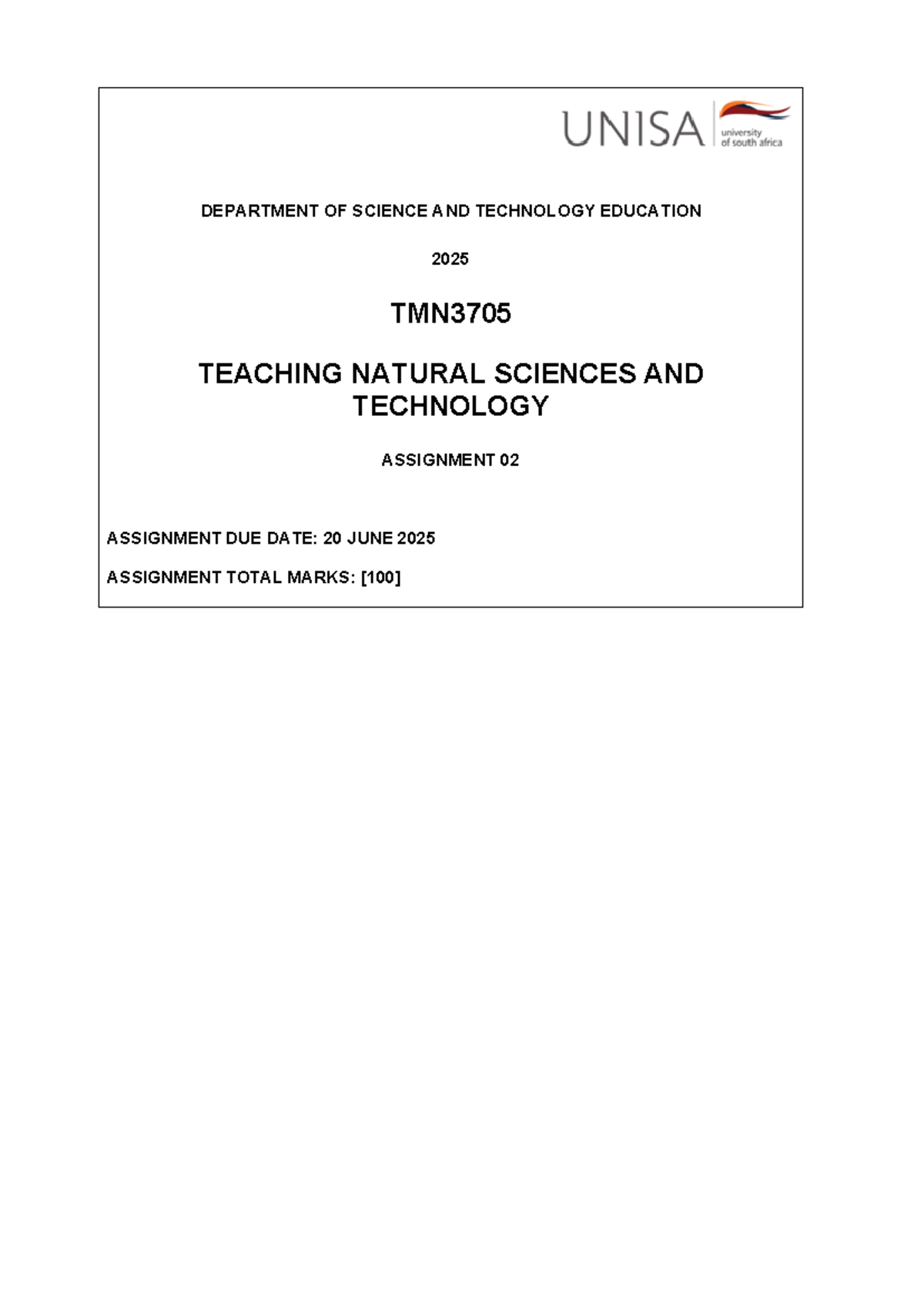 TMN3705 Assignment 02: Teaching Natural Sciences & Technology 2025 ...