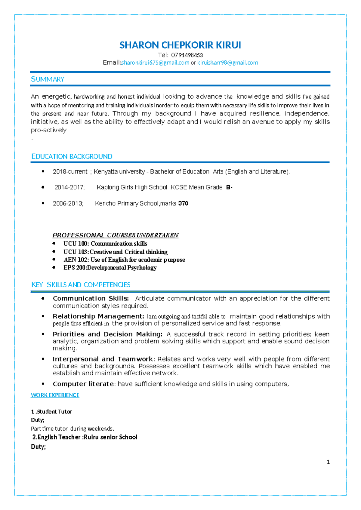 CV: Sharon Chepkorir Kirui - Personal and Professional Overview - Studocu