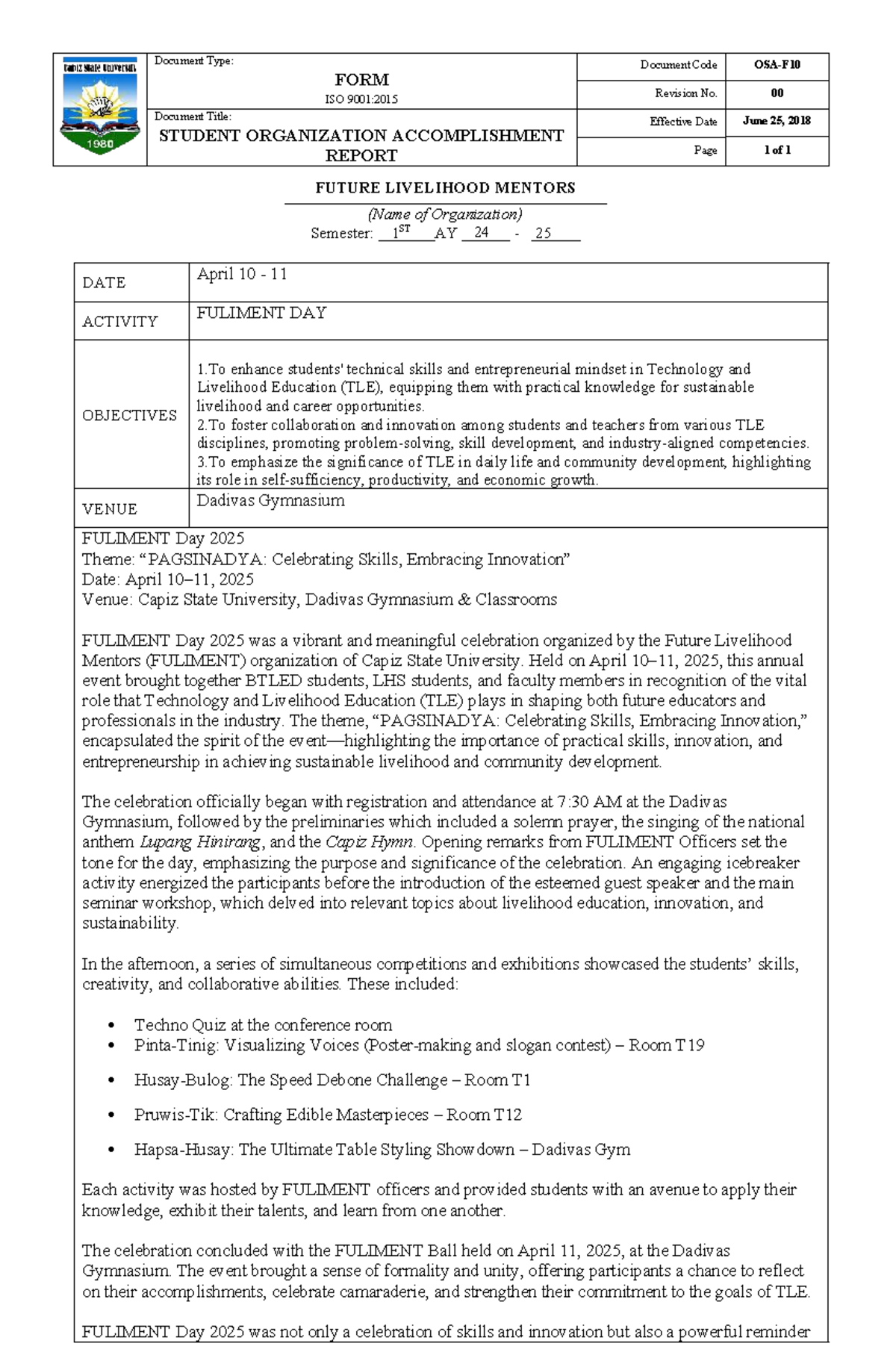 STUDENT ORGANIZATION ACCOMPLISHMENT REPORT: FULIMENT 2025 Activities ...