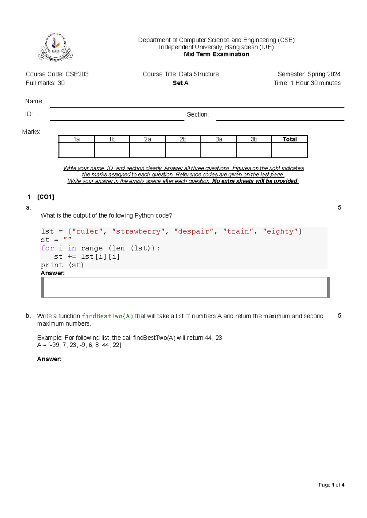 CSE203 Midterm Exam Spring 2024: Data Structures Set A - Studocu