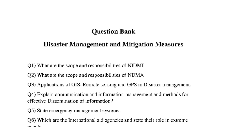 DMMS Qb: Comprehensive Question Bank on Disaster Management - Studocu
