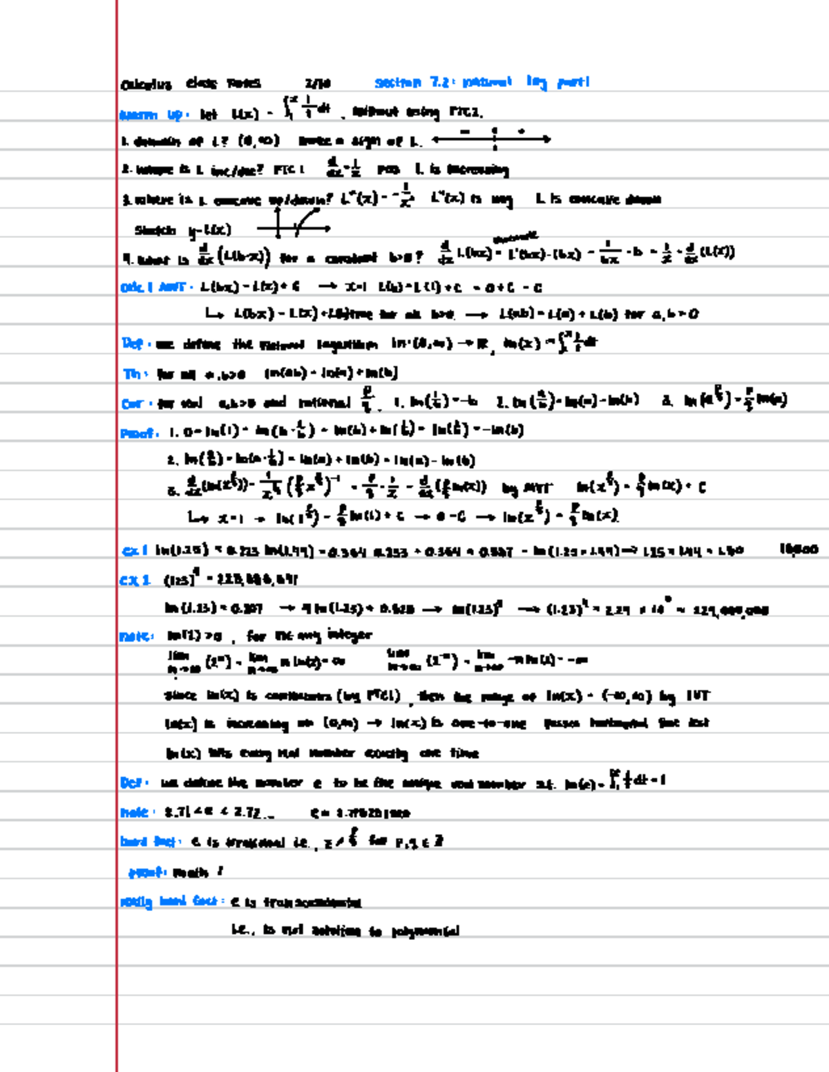 Calculus Class Notes: Natural Logarithm Section - 2/10 - calculus class ...