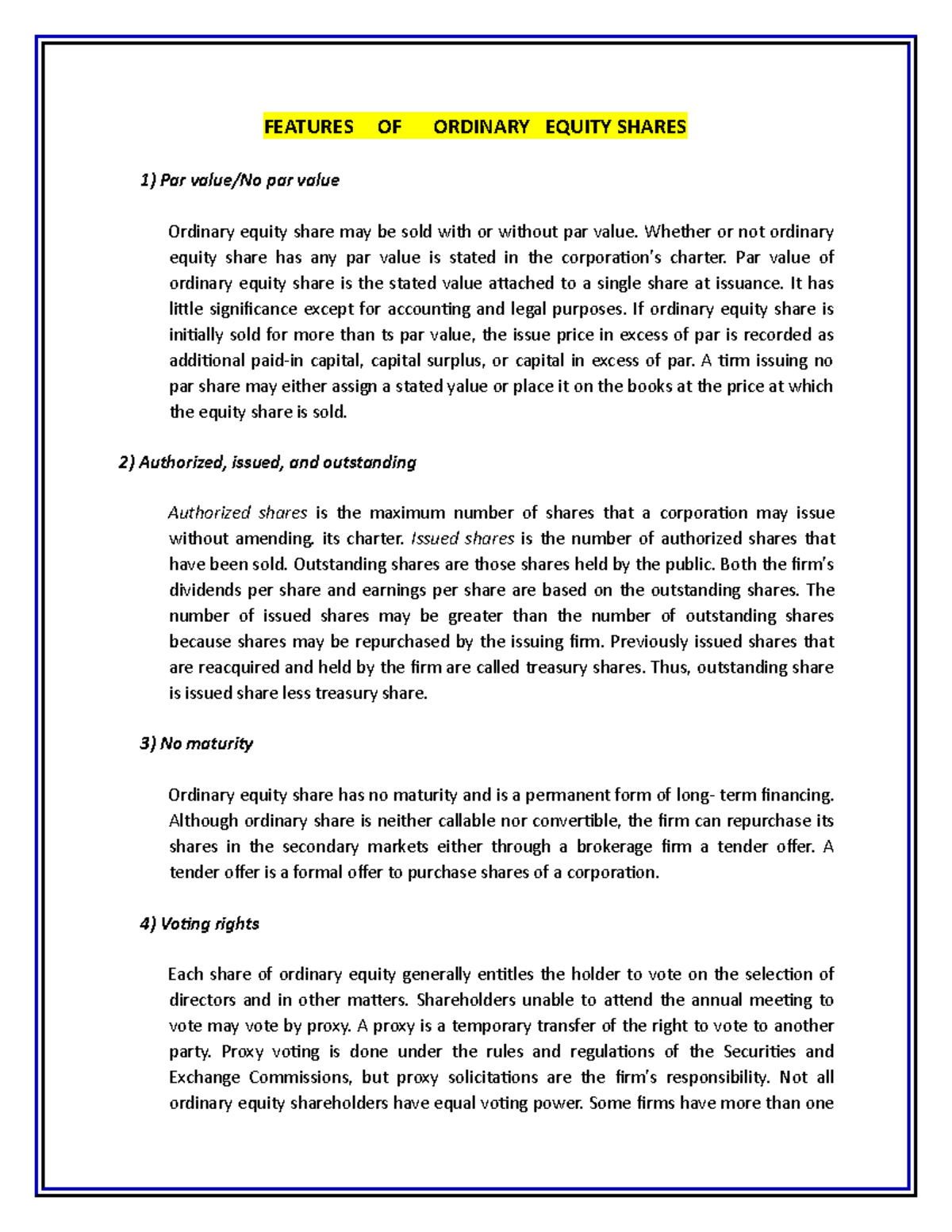 Features of Ordinary Equity Shares: Key Insights and Specifications ...