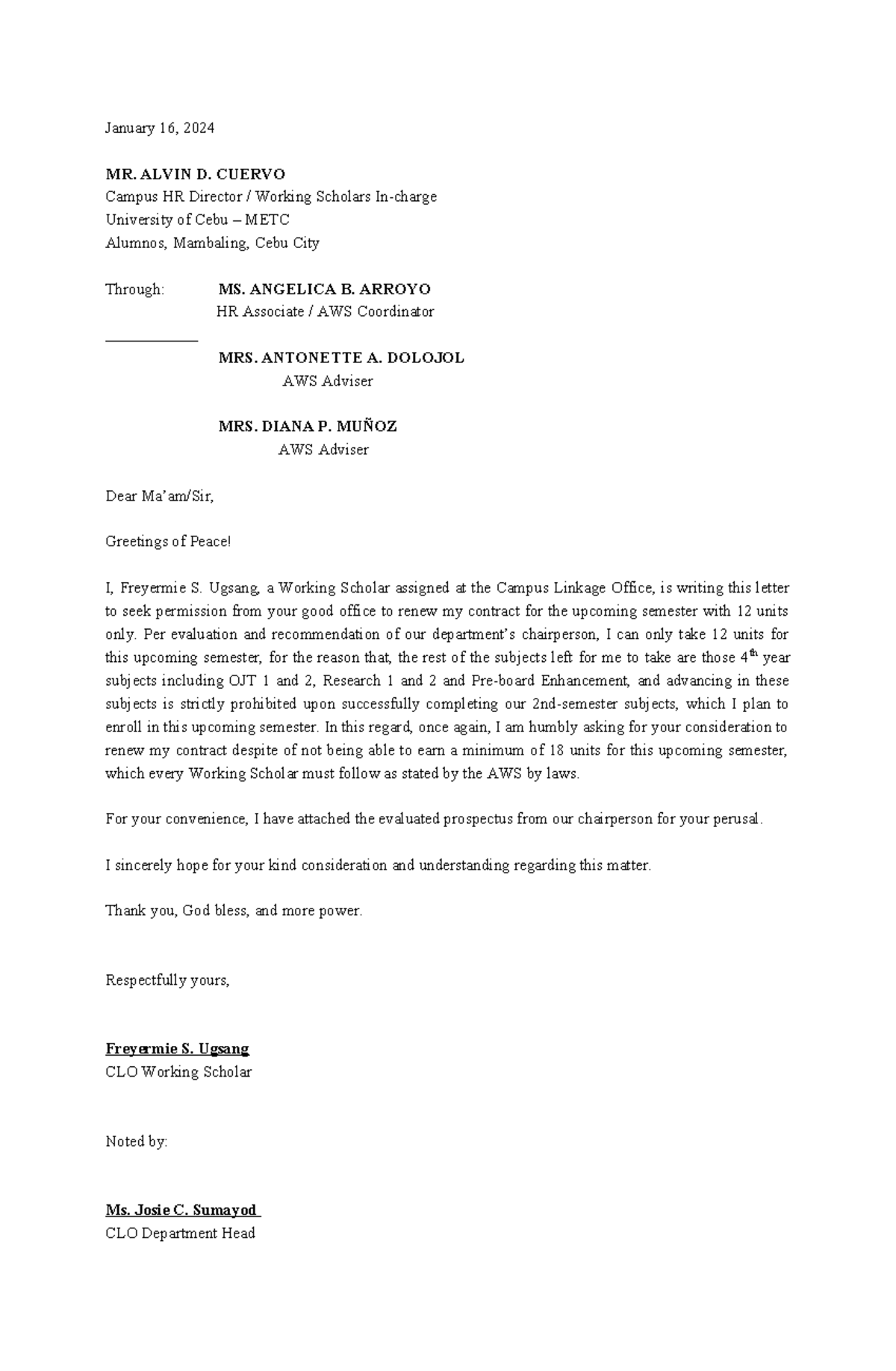 Sample underload letter ws - January 16, 2024 MR. ALVIN D. CUERVO ...
