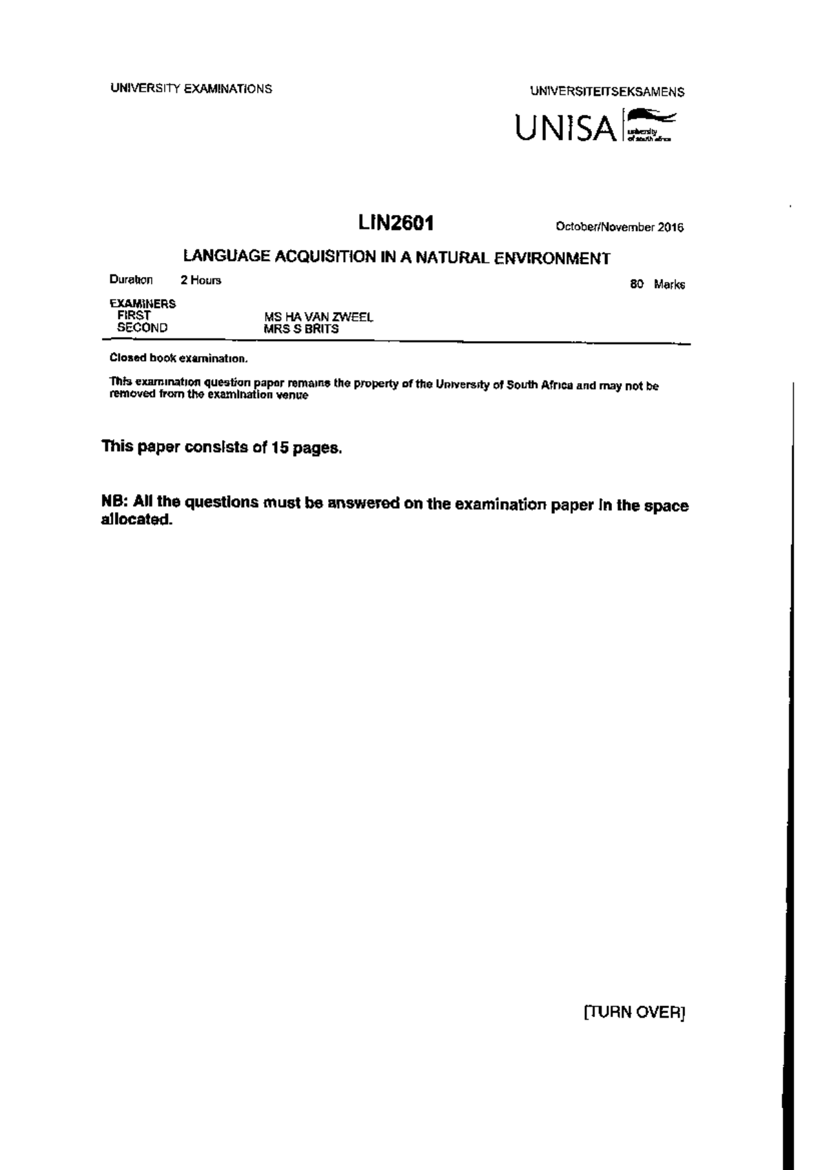 LIN2601 Past Examination Papers: Language Acquisition (2016 & 2017 ...