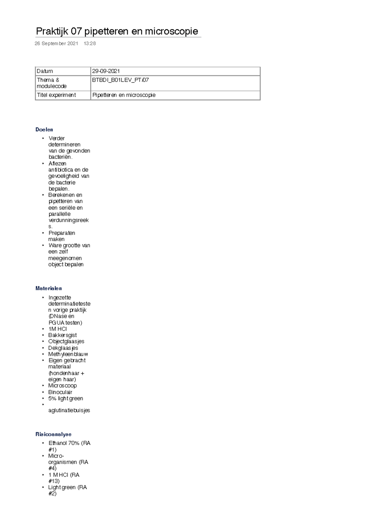 BML Labjournaal: Praktijk 07 Pipetteren en Microscopie LEV PT:07 ...