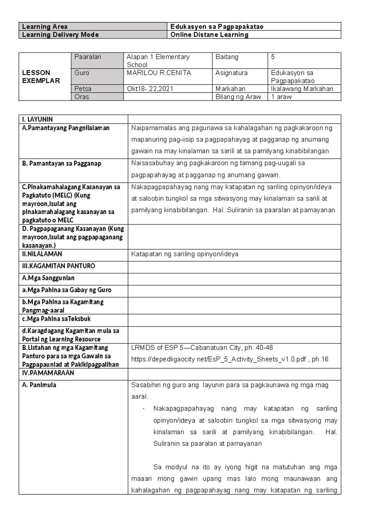 ESP G5 Q1 MELC6 - Lesson Plan on Mapanuring Pag-iisip in Edukasyon sa ...