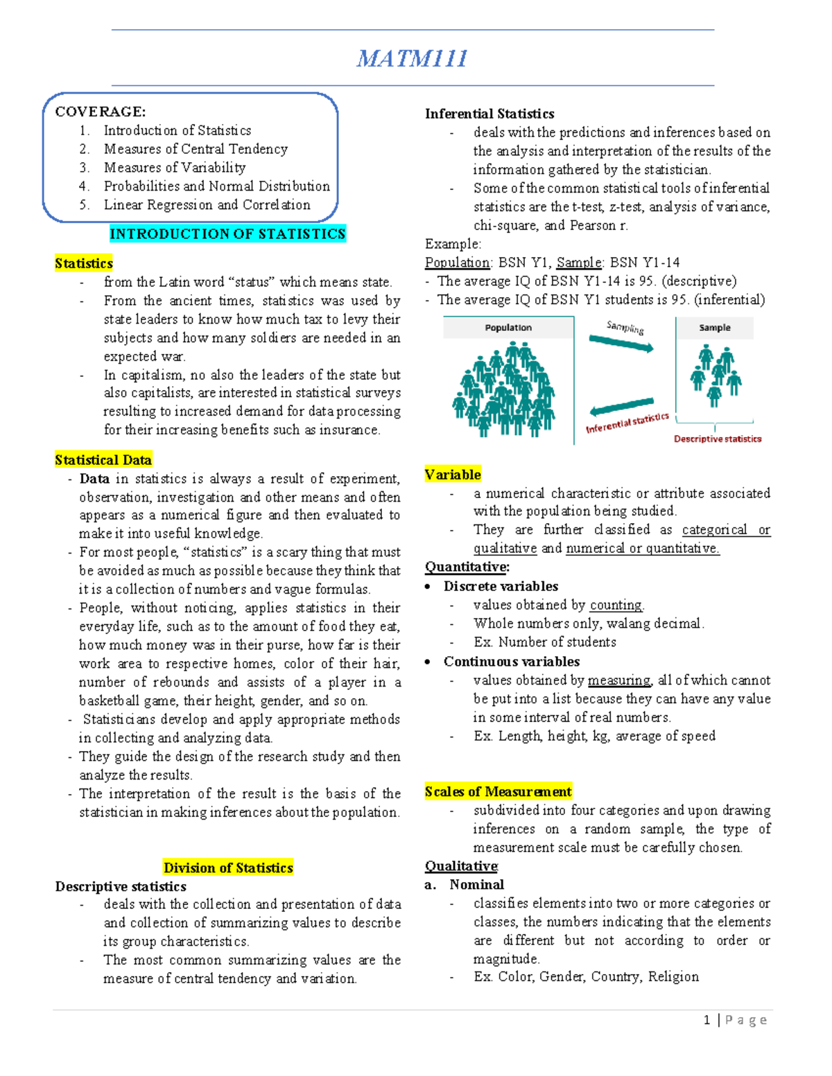 MATM111 - Mathematics & Modern World: 1st Year Stats Notes - Studocu