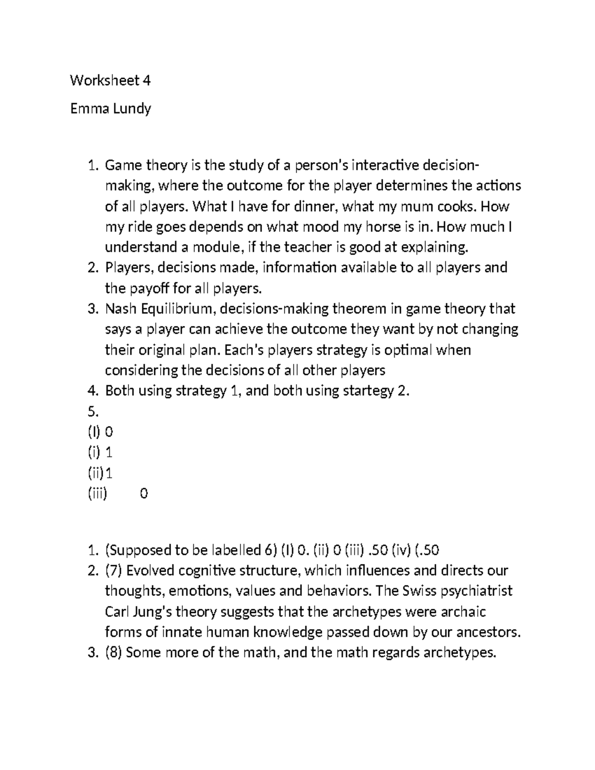 Worksheet 4: Game Theory Insights and Reflections - Studocu