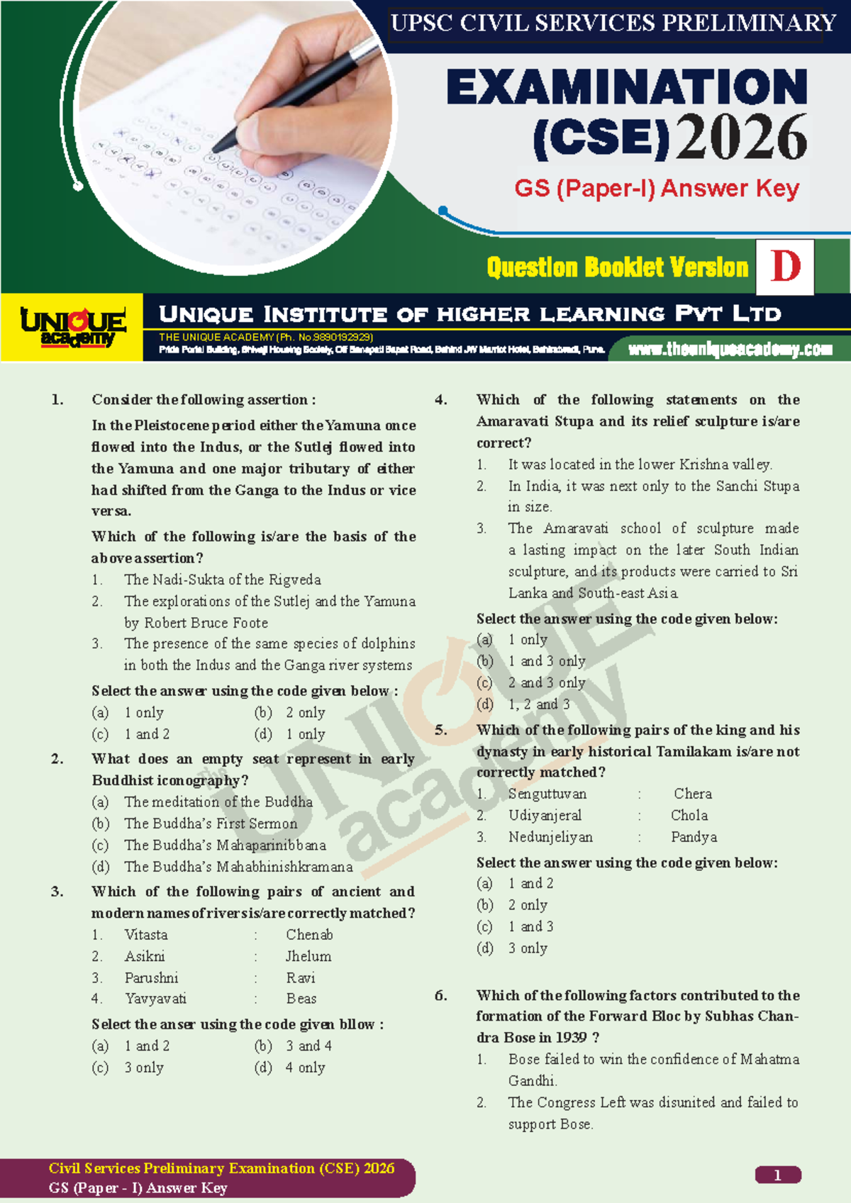 UPSC CSE 2026 GS I Preliminary Exam Question Paper & Answer Key - Studocu