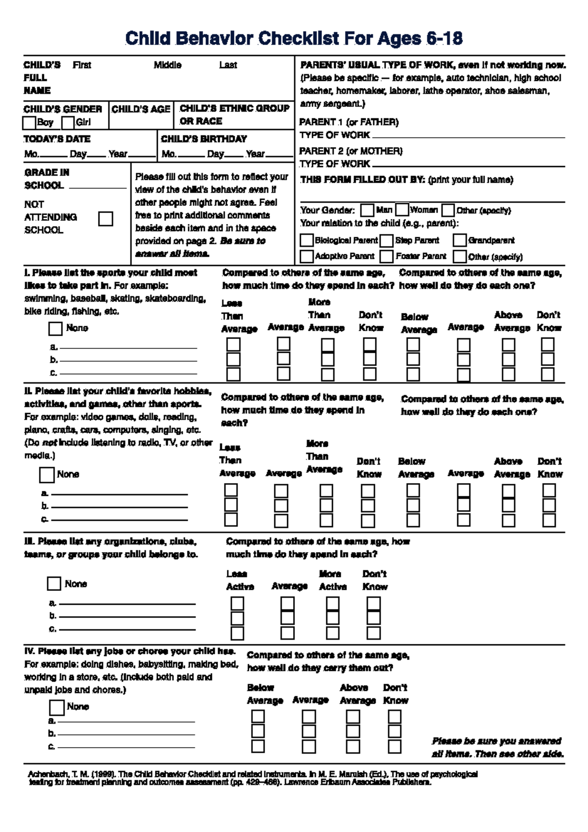 Child Behavior Checklist (CBCL) Overview Form - Studocu