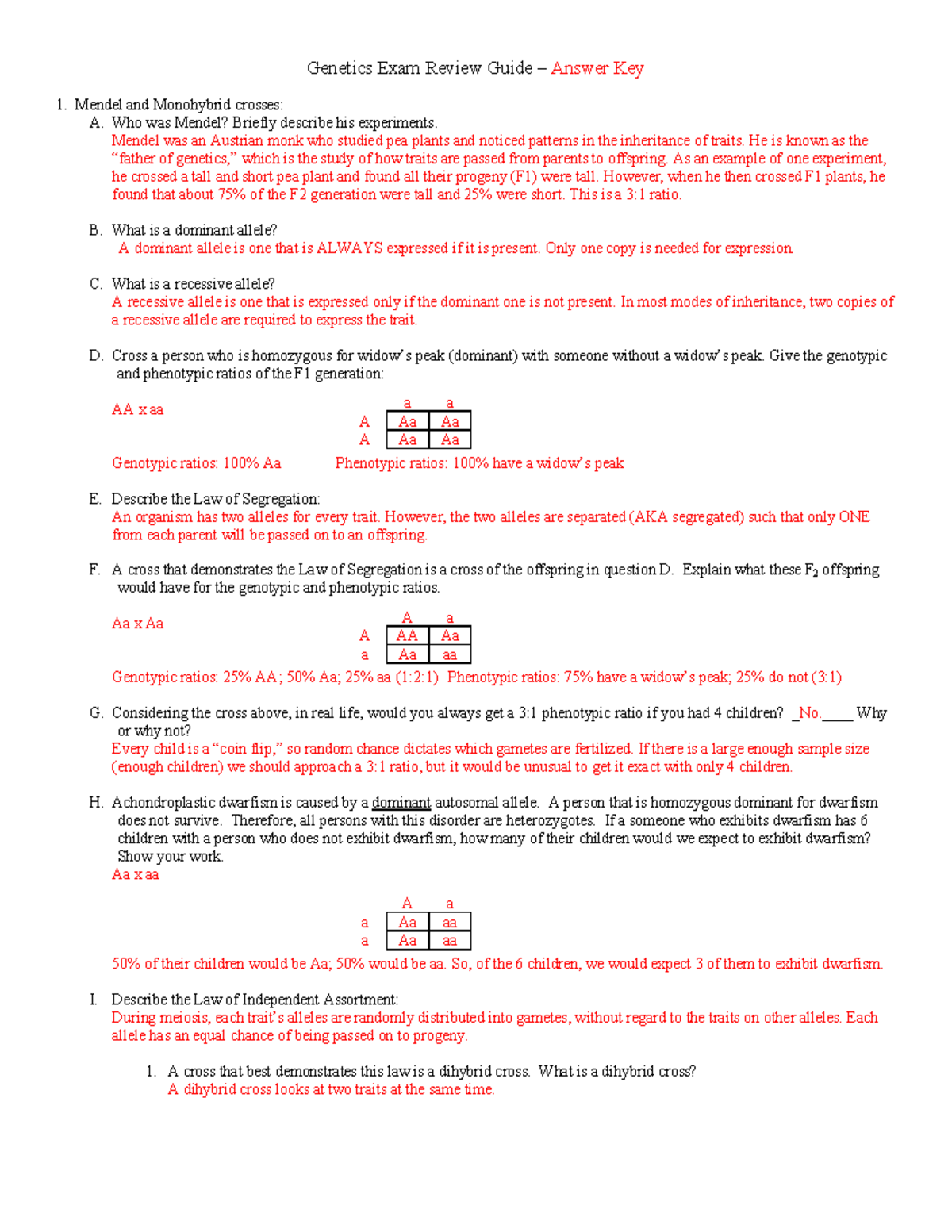 Genetics Exam Review Guide Answer Key: Mendel & Inheritance Concepts ...